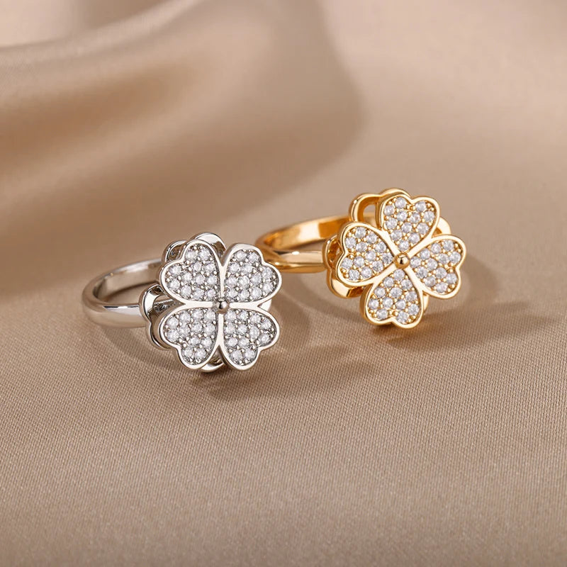 Spinner Zircon Heart Four Leaf Clover Rings For Women Stainless Steel ...